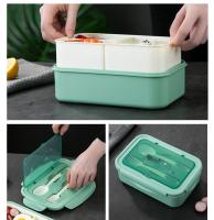 China Custom 1400ml Plastic Bento Box Containers Microwave Safe Green With Spoon Fork for sale