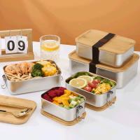 China 1200ml Metal Bento Lunch Box Stainless Steel Bamboo Lid Double Buckle for sale