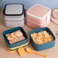 China Double-Layer Portable Plastic Bento Lunch Box With Lid 1000ML Rectangular Blue for sale
