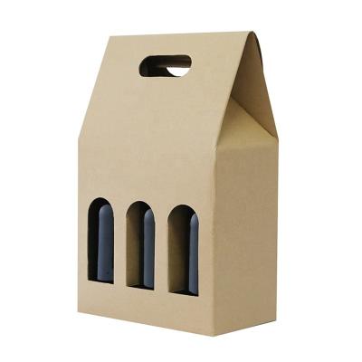 China Die Cut Handle Brown kraft Paper Packaging Box For Wine Takeaway for sale