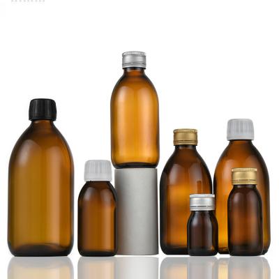 China Medical Oral Liquid Amber Glass Syrup Bottle 60ML 100ML 500ML With Aluminum Cap for sale