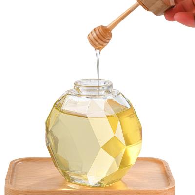 China H11.7cm Diamond Shape Honey Jar 500ml Amber Glass Jar Wooden Lid for sale