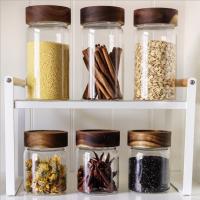 China 0.4L 0.5L Clear Glass Kitchen Canisters With Wooden Lids Engraving LOGO for sale