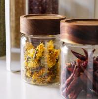 China 0.4L 0.5L Clear Glass Kitchen Canisters With Wooden Lids Engraving LOGO for sale