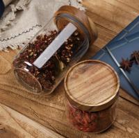 China 0.4L 0.5L Clear Glass Kitchen Canisters With Wooden Lids Engraving LOGO for sale
