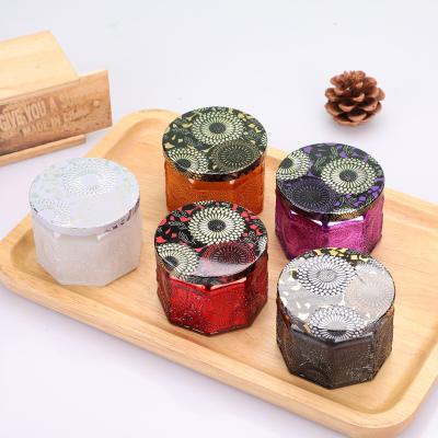 China Octagon Glass Embossed Candle Jars Empty Luxury Multi Color 4oz 8oz With Lid for sale