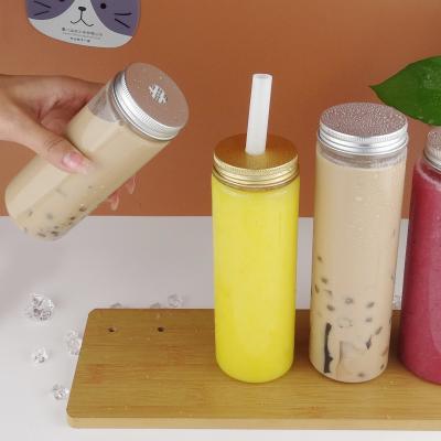 China Beverage Round Plastic Pet Boba Juice Bottles Transparent 450ml With Aluminum Lid for sale