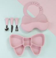 China Bow Knot Baby Feeding Suction Plate Cute Bib And Cartoon Spoon Fork Dish Sets for sale