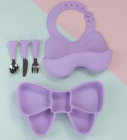 China Bow Knot Baby Feeding Suction Plate Cute Bib And Cartoon Spoon Fork Dish Sets for sale