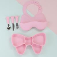 China Bow Knot Baby Feeding Suction Plate Cute Bib And Cartoon Spoon Fork Dish Sets for sale