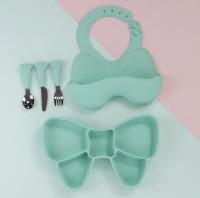 China Bow Knot Baby Feeding Suction Plate Cute Bib And Cartoon Spoon Fork Dish Sets for sale