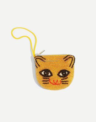 China Factory custom Gold Hand Beaded Crazy Cute Cat Face Pouch, Women's Beaded Kitty Cat Coin Purse Double Sides Zip Closure for sale