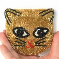 China Factory custom Gold Hand Beaded Crazy Cute Cat Face Pouch, Women's Beaded Kitty Cat Coin Purse Double Sides Zip Closure for sale