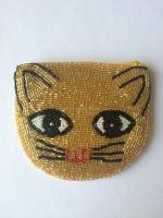China Factory custom Gold Hand Beaded Crazy Cute Cat Face Pouch, Women's Beaded Kitty Cat Coin Purse Double Sides Zip Closure for sale