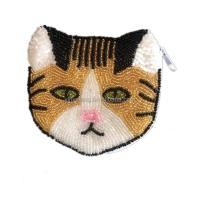 China Factory custom Gold Hand Beaded Crazy Cute Cat Face Pouch, Women's Beaded Kitty Cat Coin Purse Double Sides Zip Closure for sale