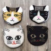 China Factory custom Gold Hand Beaded Crazy Cute Cat Face Pouch, Women's Beaded Kitty Cat Coin Purse Double Sides Zip Closure for sale