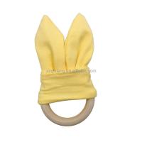 China Factory custom Baby Infant Wooden Teether Adorable Bunny Teething Ring Rabbit Ear Interesting Toy Bunny Teething Ring for sale