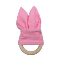 China Factory custom Baby Infant Wooden Teether Adorable Bunny Teething Ring Rabbit Ear Interesting Toy Bunny Teething Ring for sale