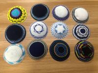 China Factory Custom Hand Made 100% Cotton Hand Knitted Kippah Hat, Crochet Yarmulke Hats, Hand Crocheted Multi-Color Mosaic Kippah for sale