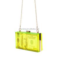 China Factory Wholesale Women Hard Acrylic Evening Box Clutch Purse 100 US Dollar Handbag, Dollar Bill Money Clutch Purses for sale