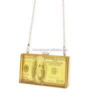 China Factory Wholesale Women Dollar Money Clutch Purses Hundred Bill Acrylic Evening Bag Square Box Crossbody Shoulder for sale