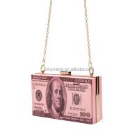 China Factory Wholesale Women Dollar Money Clutch Purses Hundred Bill Acrylic Evening Bag Square Box Crossbody Shoulder for sale
