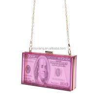 China Factory Wholesale Women Hundred Dollar Bill Box Clutch Purse Cute Crossbody, Acrylic Transparent Dollar Evening Bags for sale