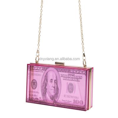China Factory Wholesale Women Hundred Dollar Bill Box Clutch Purse Cute Crossbody, Acrylic Transparent Dollar Evening Bags for sale