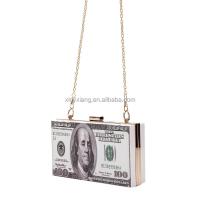 China Factory Wholesale Women Hundred Dollar Bill Box Clutch Purse Cute Crossbody, Acrylic Transparent Dollar Evening Bags for sale