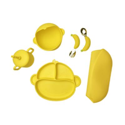 China Practical Silicone Baby Feeding Set Tableware Cartoon Monkey Shape Food Grade for sale
