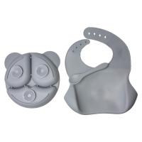 China Food Plate Baby Dinnerware Silicone Feeding Set Customized Sizes Grey Bear Shape 3Pcs for sale