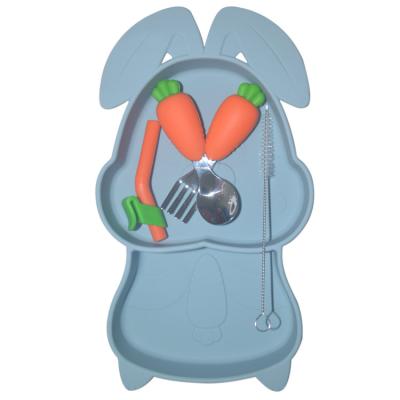 China 6 Pcs Sets Silicone Baby Feeding Plates Nontoxic Dishes With Cup Bib Plate Bowl Fork Spoon for sale