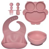 China 6 Pcs Silicone Baby Feeding Plates With Cup Bib Bowl Fork Spoon Nontoxic Food Tray Dishes for sale