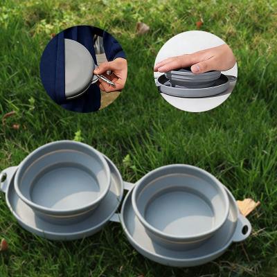 China Portable Silicone Collapsible Dog Bowl Double Folding Pet Travel Bowls with Non-slip Mat Food Water Bowl for Outdoor Hiking for sale