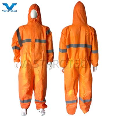 China Orange Nonwoven Disposable Coveralls with Reflective Tape and CE Type 5 6 Certification for sale