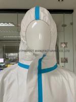 China 55GSM PPE CE Certificate En14126 Cat 3 Type 4/5/6 Disposable White Coverall with Blue Tape for sale
