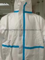 China 55GSM PPE CE Certificate En14126 Cat 3 Type 4/5/6 Disposable White Coverall with Blue Tape for sale