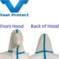 China Breathable Smooth Disposable White Hooded Blue Tape Microporous Coat with Elastic Hood for sale