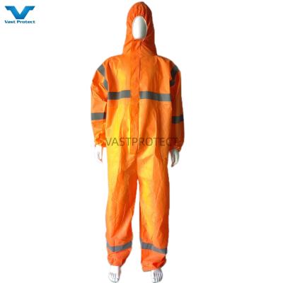 China OEM Accepted Type 5 6 Industrial PPE Orange SMS Disposable Coveralls With Refelctive Tape for sale