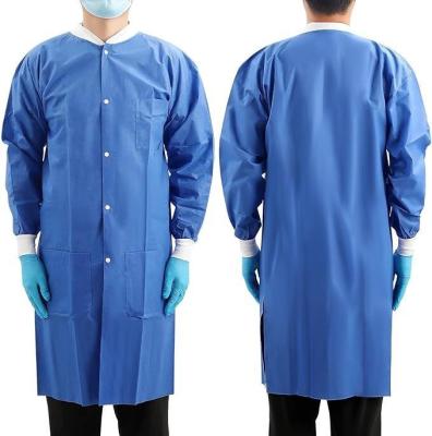 China Protective Polypropylene SMS Disposable Lab Coat Blue with Pockets for sale