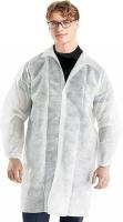 China Long Sleeve White Polypropylene Lab Coat with Elastic Cuffs Snap Front and No Pockets for sale