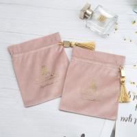 China Custom Velvet Perfume Drawstring Bag 20x15cm Pink with Gold Logo Tassel Packing for sale