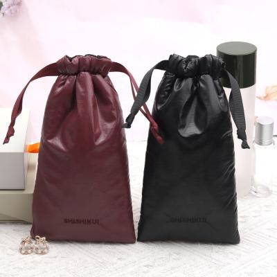 China Custom Logo Printed PU Leather Drawstring Bag for Sunglasses and Power Bank Storage 8x6 Inch for sale