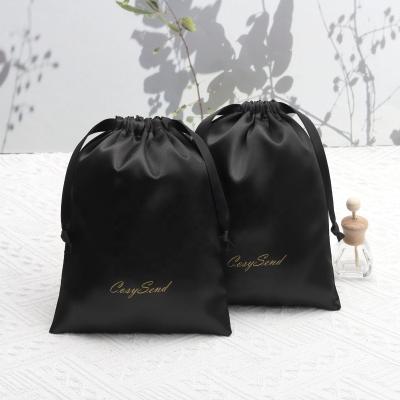 China Custom Logo Black Satin Drawstring Bag 4x6 Inch for Hair Wig Underwear Packaging for sale