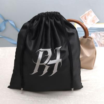 China Custom Logo Printed Black Satin Drawstring Bag for Hair Clothes Hat Packaging 8x10 Inch for sale
