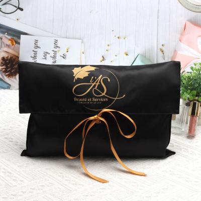 China Custom Printed Satin Envelope Bag for Hair Wig Cosmetic Packing Luxury Silk Pouch 20x30cm for sale