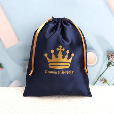 China Blue Satin Drawstring Storage Bag Silk Gift Packaging Reusable Custom Logo Printed for sale