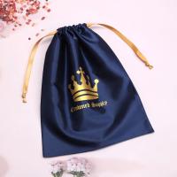 China Blue Satin Drawstring Storage Bag Silk Gift Packaging Reusable Custom Logo Printed for sale