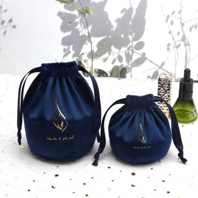 China Round Bottom Drawstring Velvet Dust Bag 4x6 Inch Blue Candle Gift Packing for sale