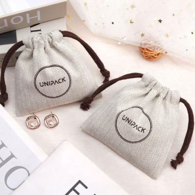 China Custom Logo Printed Natural Herringbone Cotton Twill Drawstring Gift Pouch 4x6 Inch for sale